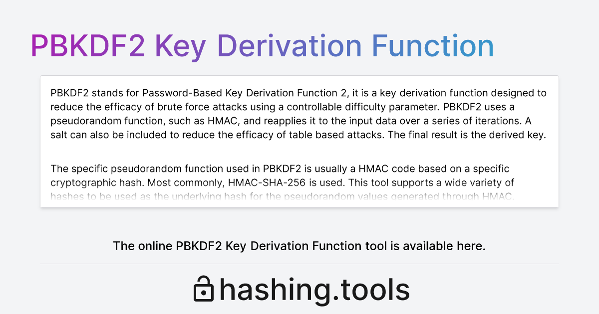 Pbkdf2 Key Derivation Function Hashing Tools
