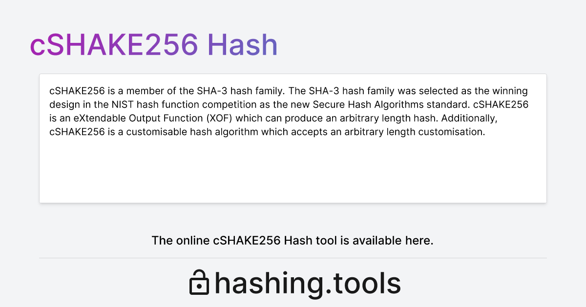 cSHAKE256 Hash | hashing.tools