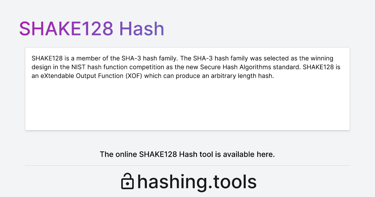 SHAKE128 Hash | hashing.tools