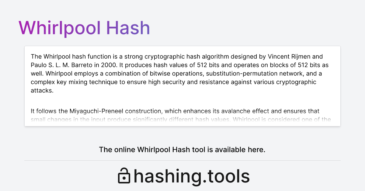 Whirlpool Hash Hashing Tools